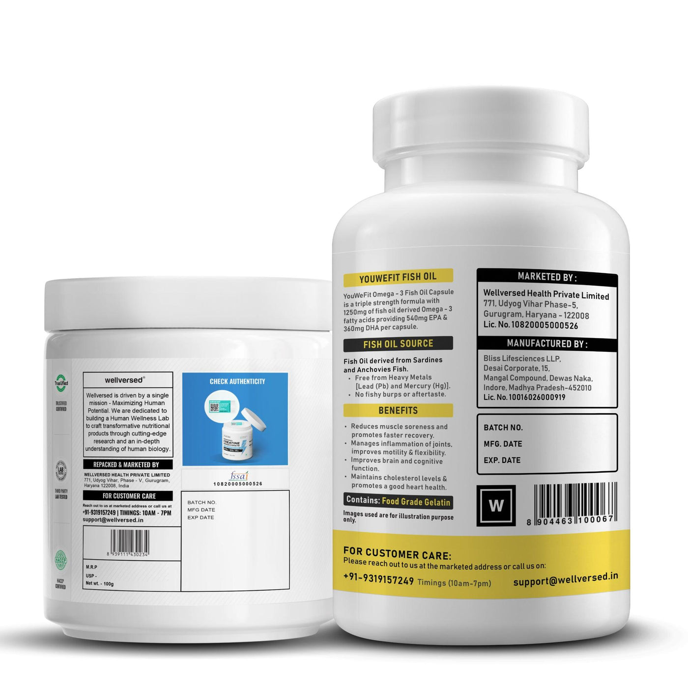 YouWeFit Omega-3 Fish Oil (30 Capsules), 1250mg + Wellcore Creatine Mo ...