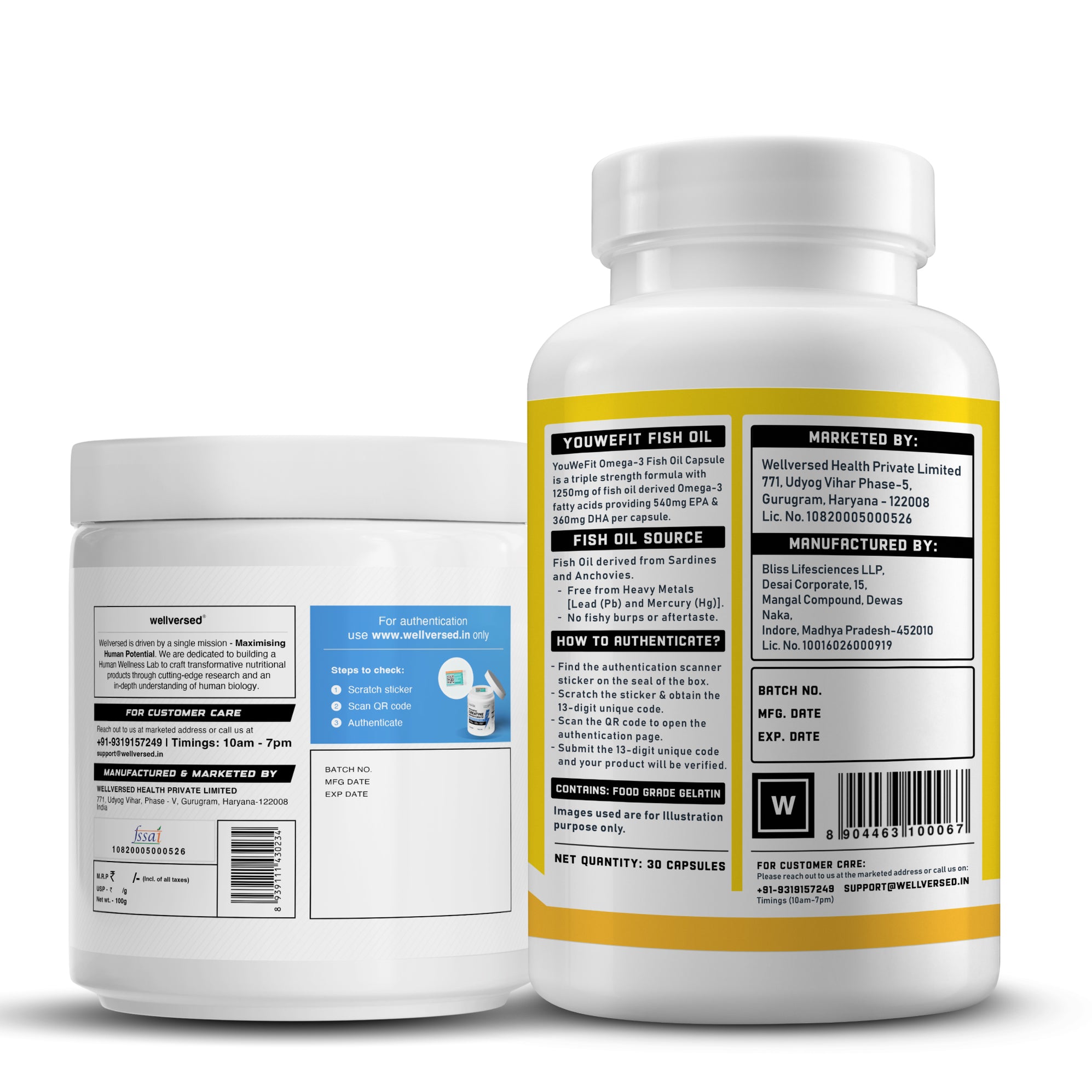 YouWeFit Omega-3 Fish Oil (30 Capsules), 1250mg + Wellcore Creatine Mo ...